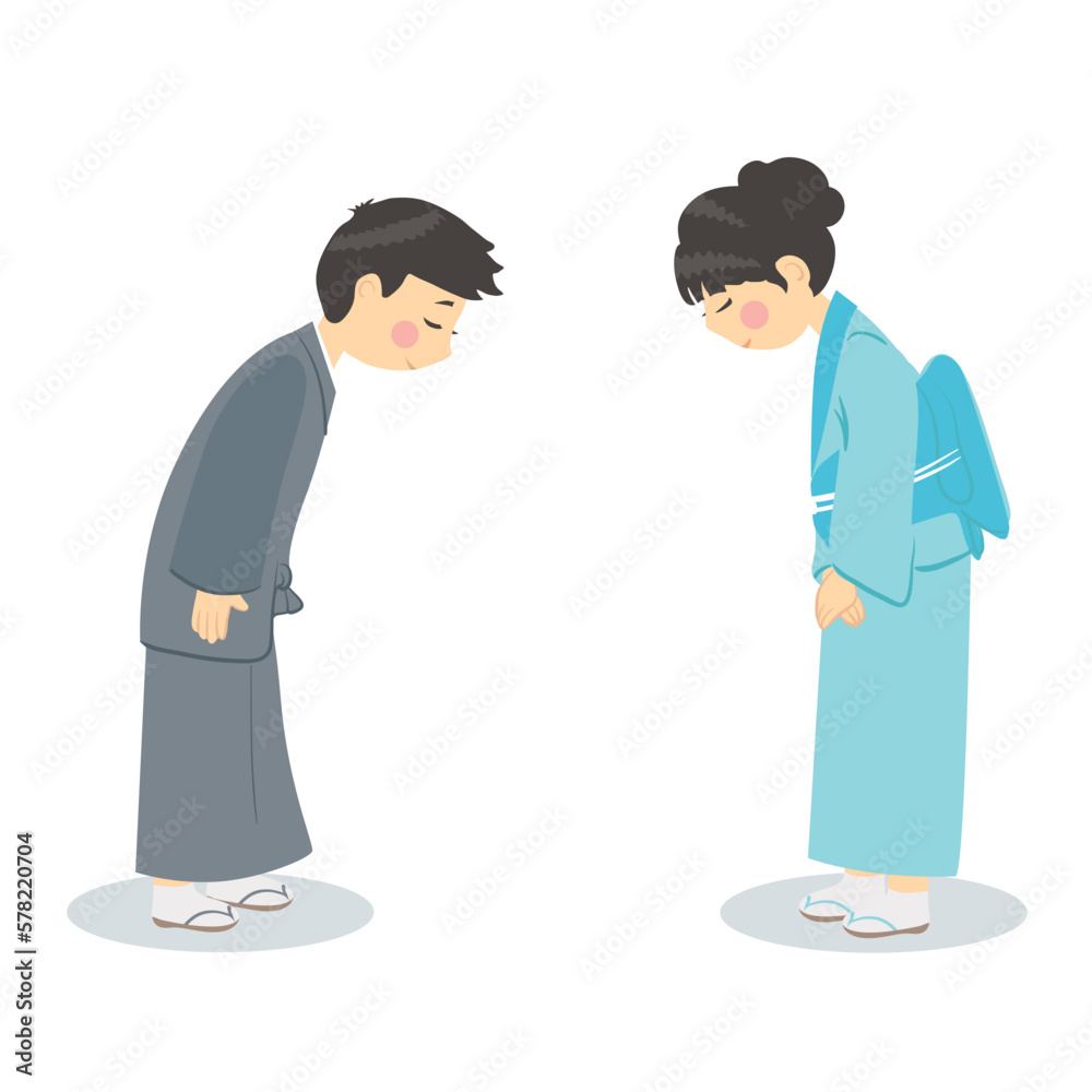 Poster Vector cartoon Japanese children in kimono bowed to each other ...