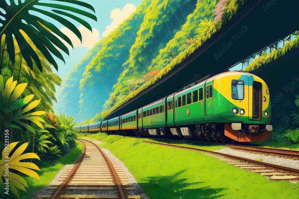 Train traveling through the lush green forest jungle. Fanstasy tropical ...