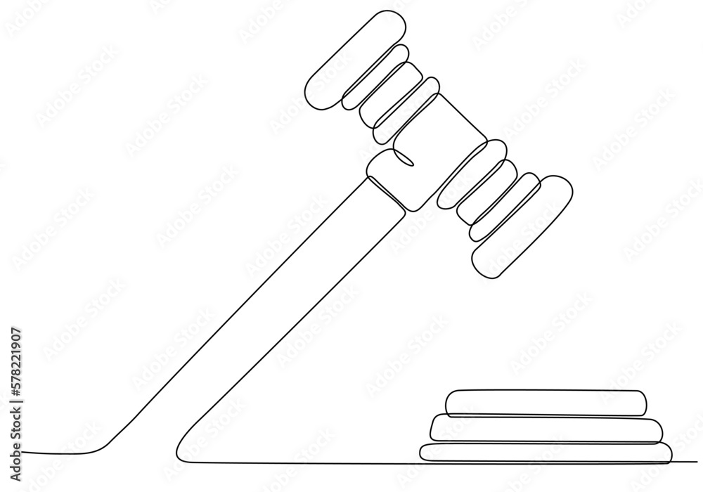 Continuous line drawing of judges gavel on black and white background ...