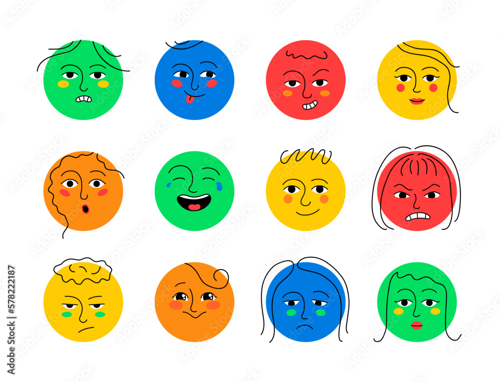 Cute round avatars expressing positive and negative emotions set. Funny ...
