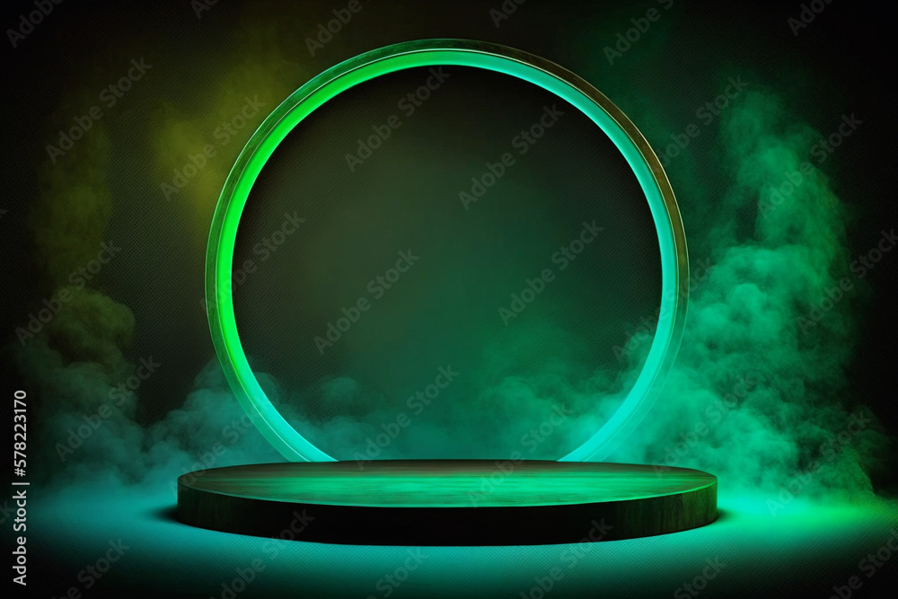 Emerald green neon display platform, round product showcase stage with ...