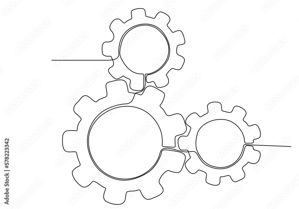 Continuous line drawing of machine gears. Gear vector illustration with ...