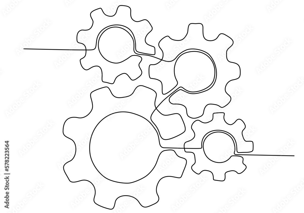 Continuous line drawing of machine gears. Gear vector illustration with ...
