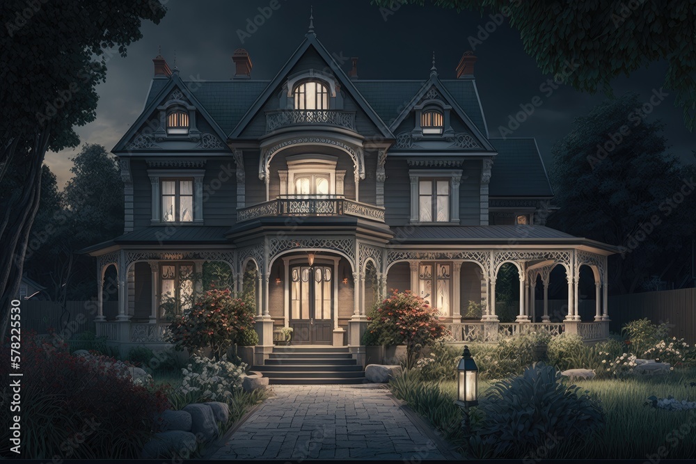 private house with veranda and garden in suburb of village exterior of ...