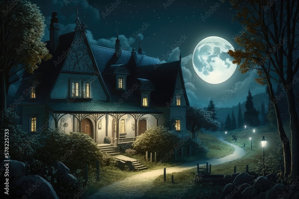 night landscape of forest hills and village in rays of moon exterior of ...