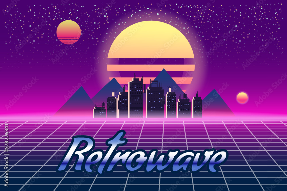 Retrowave banner vaporwave aesthetic background. Futuristic city grid ...