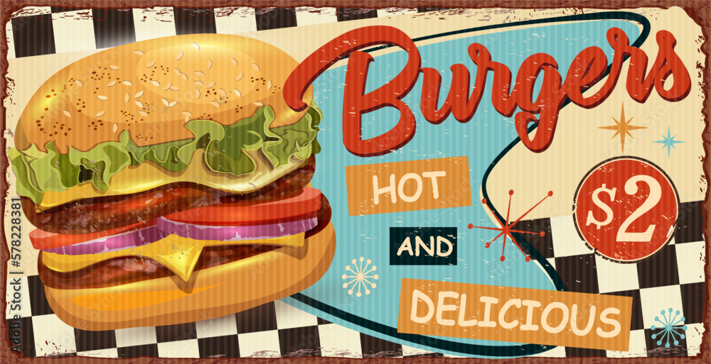 Vintage Burgers metal sign.Retro poster 1950s style. Stock Vector ...