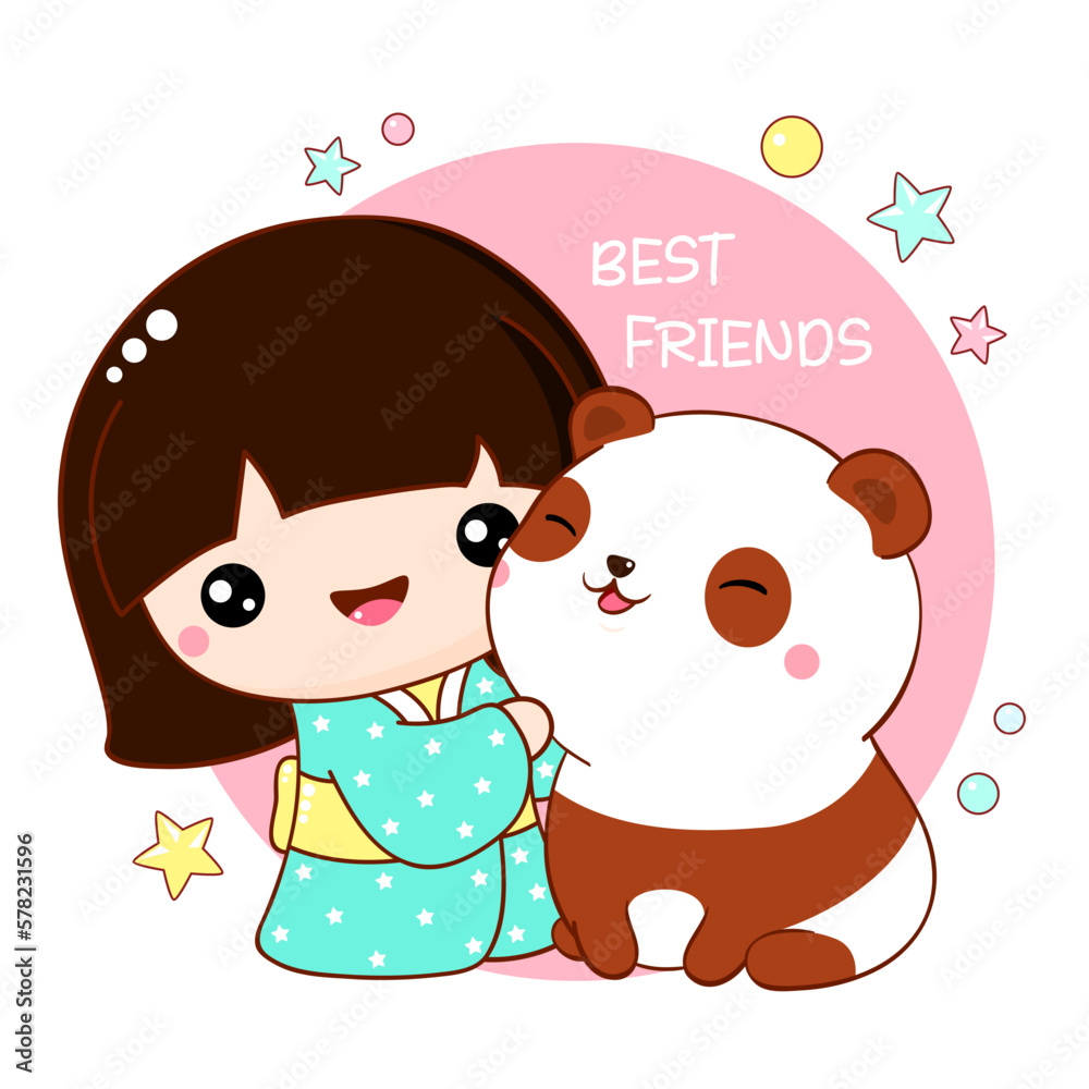 Cute little girl hugging a panda. Inscription Best friends. Friends ...