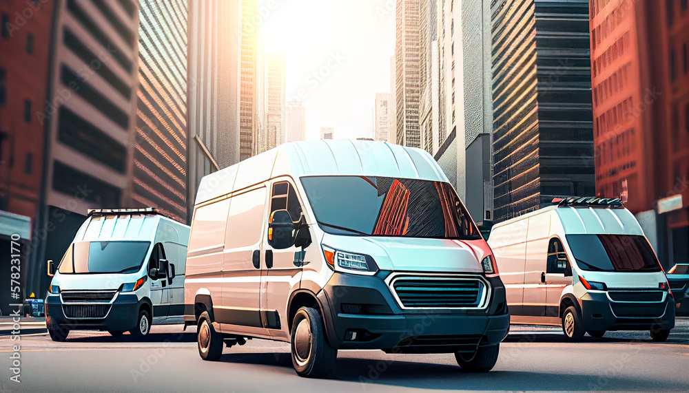 Delivery vans in the city with skyscrapers. Fast express delivery ...
