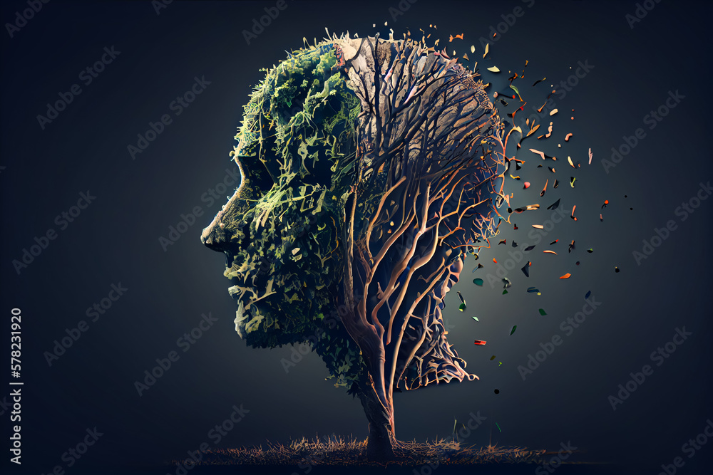 Human memory loss, dementia, alzheimer desease. Tree in a form of human ...