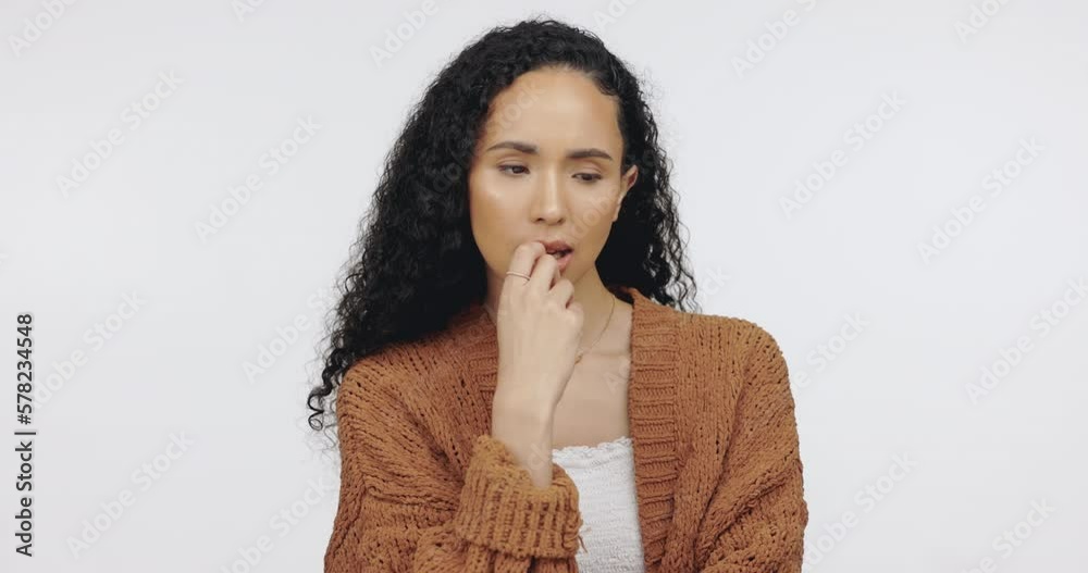 Stress. nail biting and back woman with anxiety, confused and lady ...