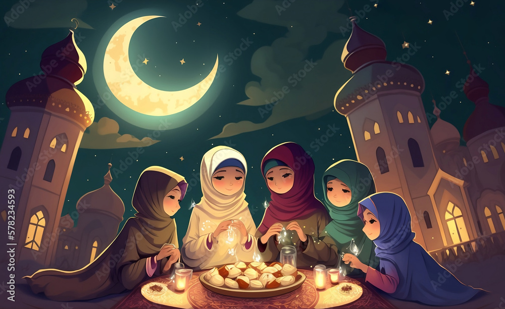 Five Muslim hijab girls family joyful gathering dinner in front of ...