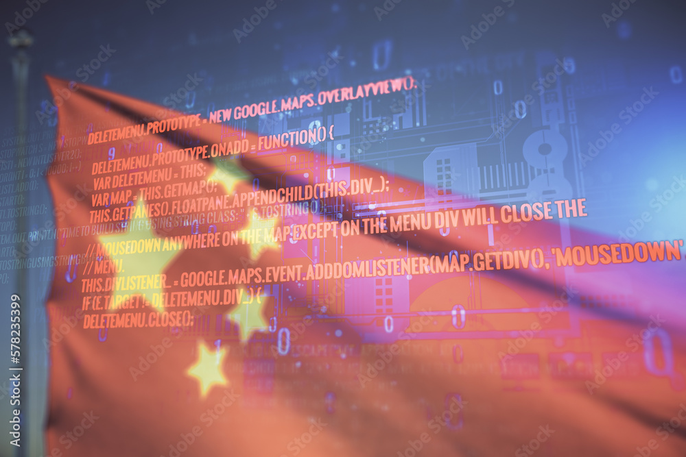 Multi exposure of abstract creative coding sketch on flag of China and ...