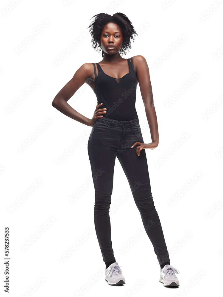 Standing confidently in a casual outfit, the African black woman gives ...