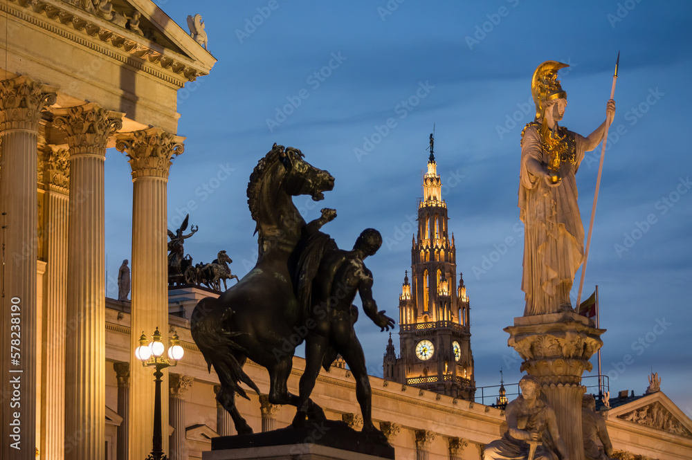 Statues in front of the Austrian Parliament Building in Vienna, Austria ...