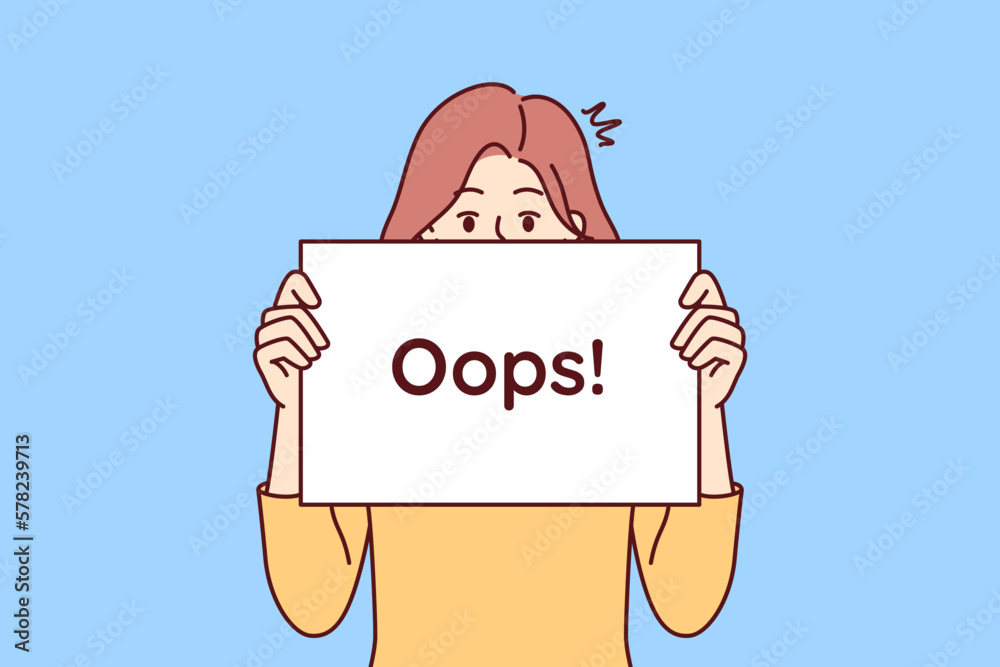 Girl shows sign with inscription Oops to demonstrate bewilderment and ...