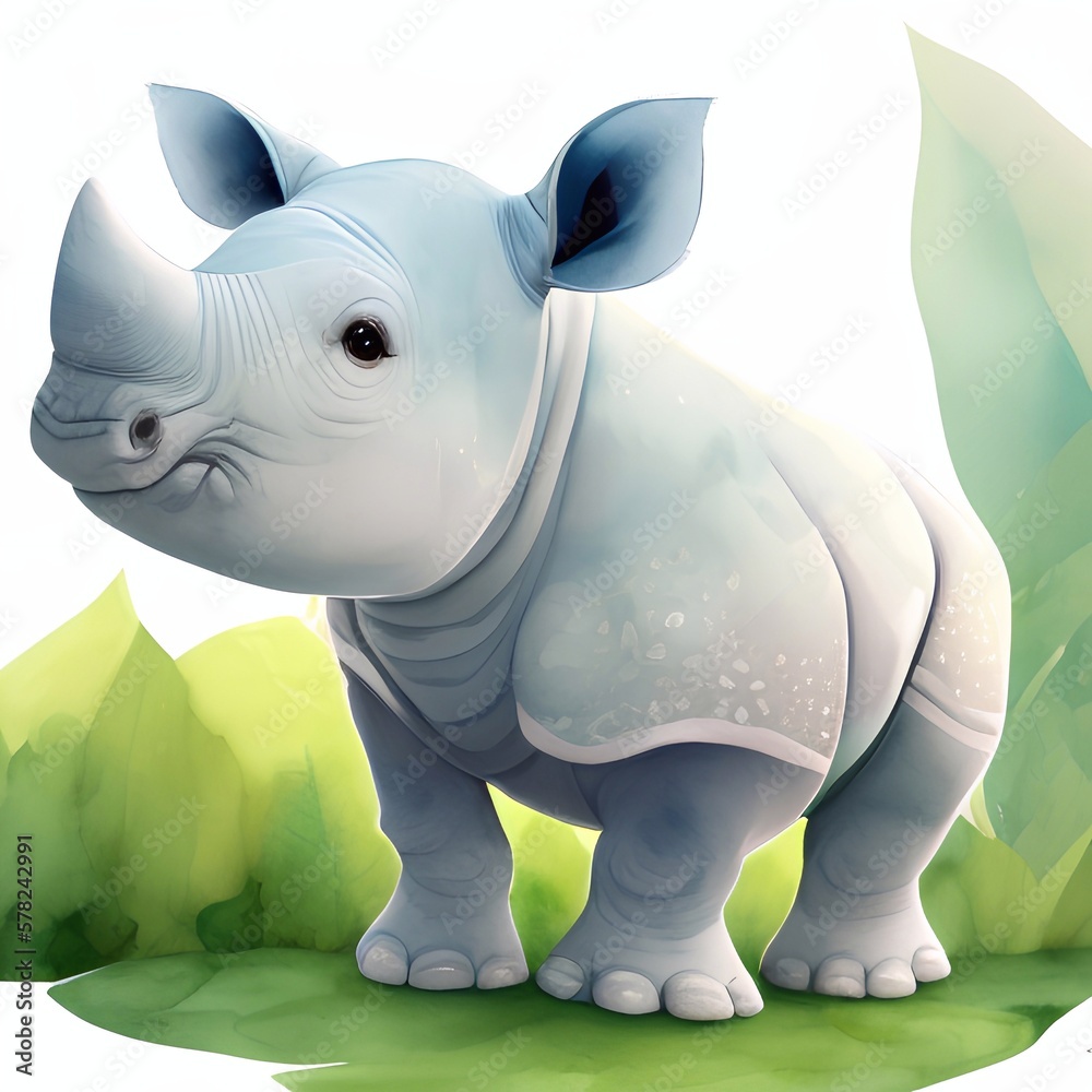 Little cartoon rhino with leaf, created with Generative AI technology ...