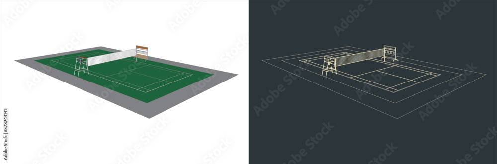 Vector Badminton court Technical Illustration line art on the blueprint ...