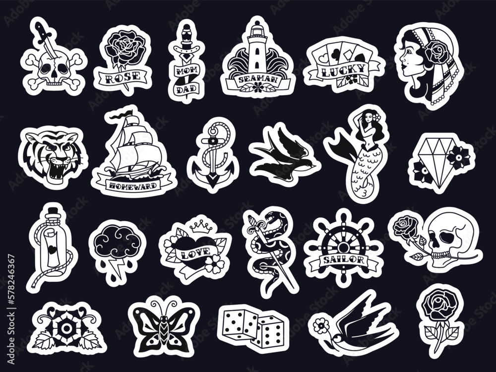 Vetor De Old School Tattoo Retro Sailor Black Outlines Tattooing Style