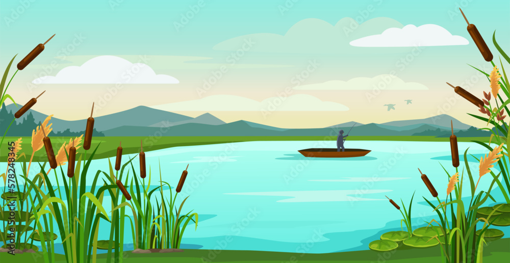 Cartoon lake landscape. Fisherman fishing in boat on pond with reeds ...