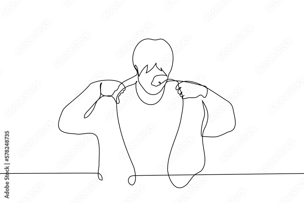 man pulls on or takes off his jacket with both hands - one line drawing ...