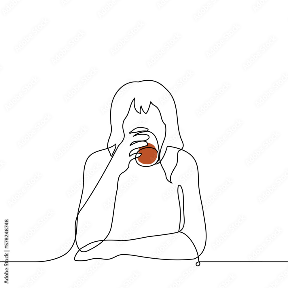 woman sitting drinking whiskey - one line drawing vector. concept ...