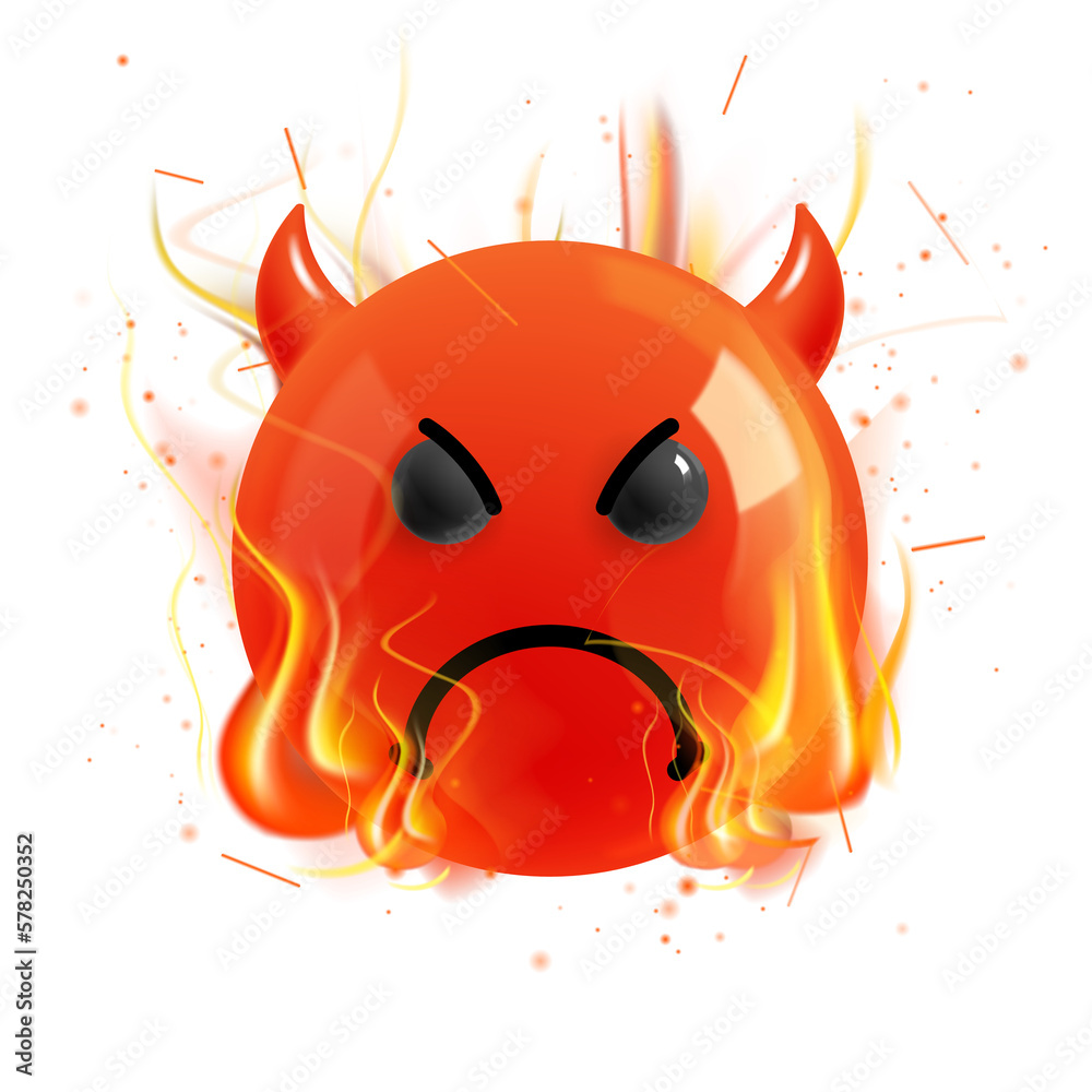 Emoji face evil on fire. Realistic 3d design. Emoticon yellow glossy ...