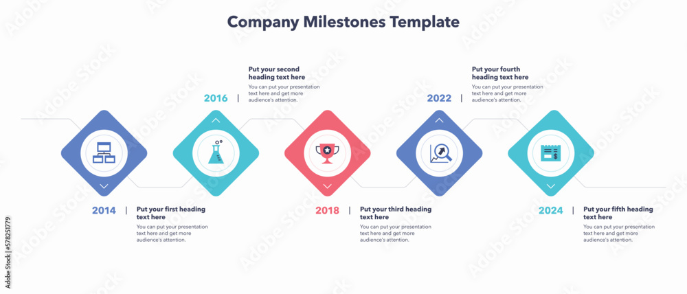 Company milestones template with five colorful stages. Easy to use for ...