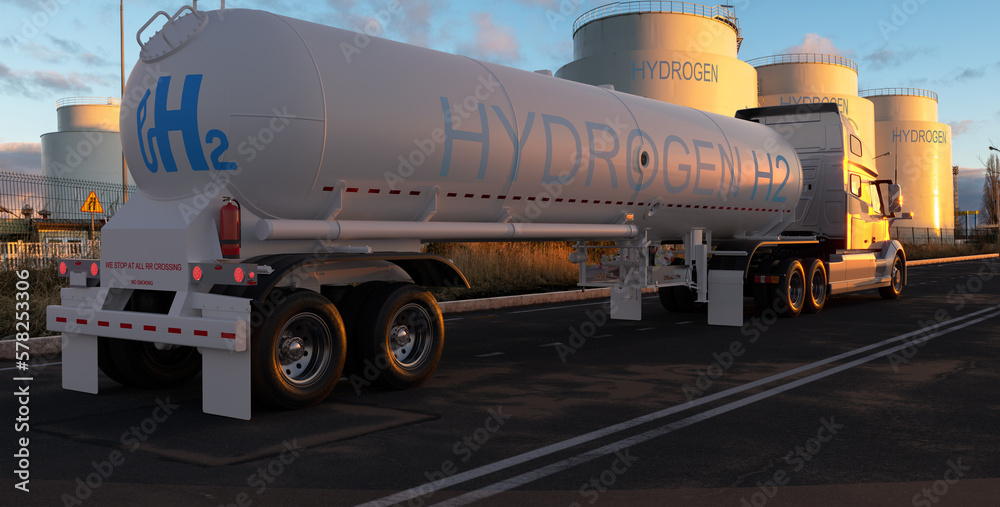 Car with tanker on the road next to Liquid hydrogen tanks-vision of the ...