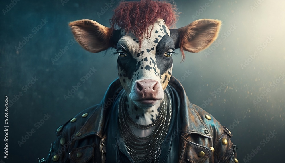 ภาพประกอบสต็อก Punk animals. Cow with punk aesthetic. Cow dressed as ...