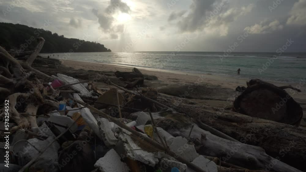 Plastic pollution on the beach. Dirty sea sandy shore environmental ...