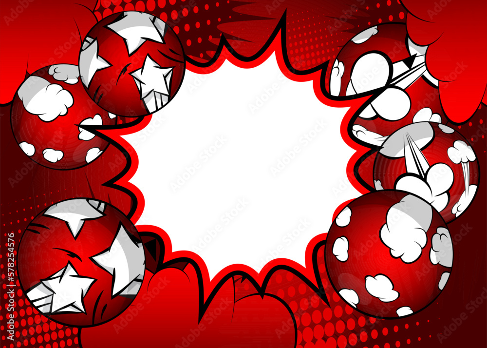 Red and white comic book poster with spheres. Comics Presentation with ...