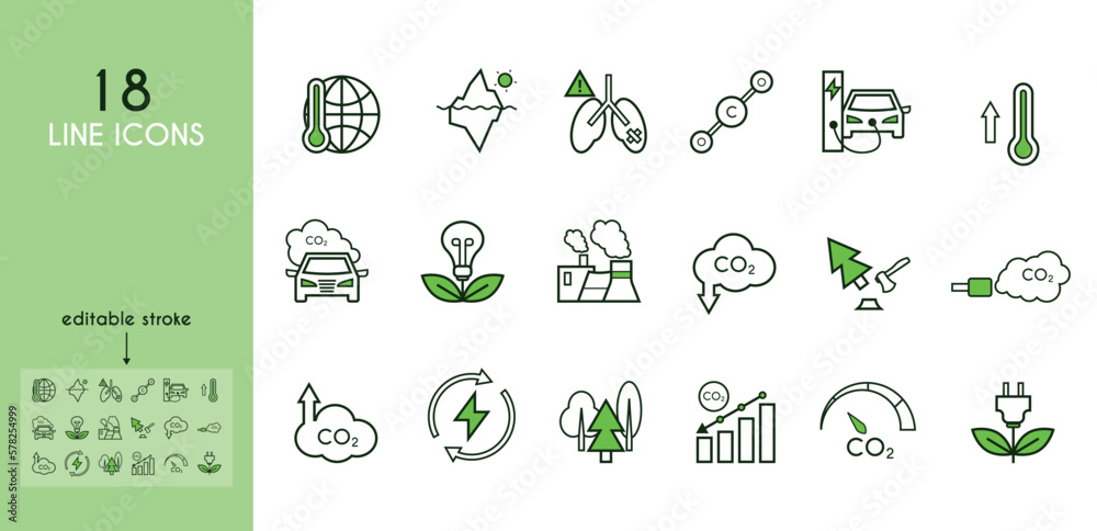 Set of flat line icons about the dangers of carbon dioxide (CO2 ...
