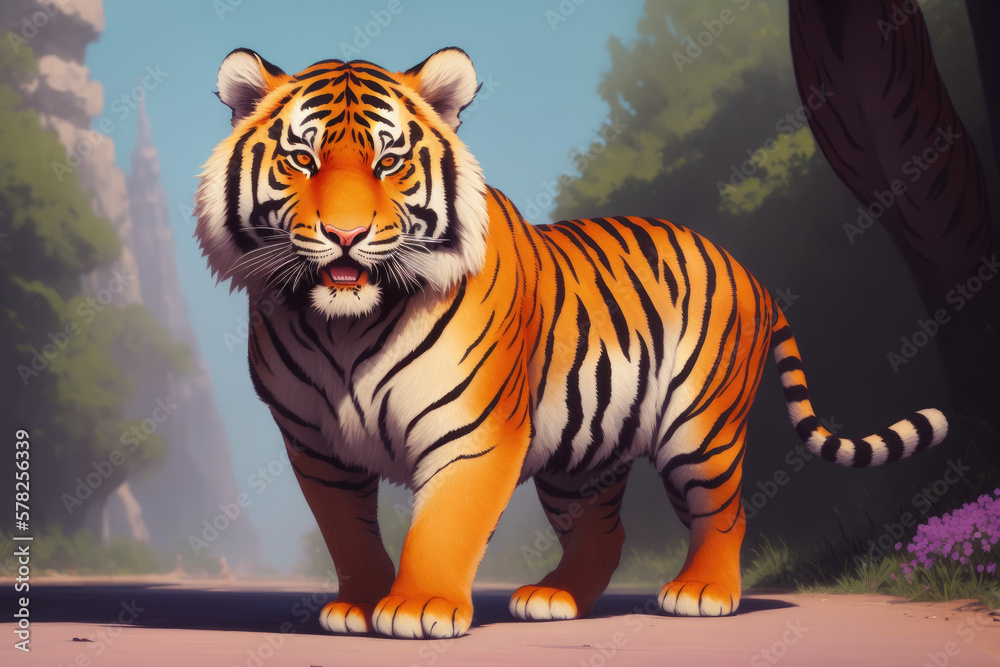 Digital painting of Beautiful tiger relaxing on warm day, Colorful ...