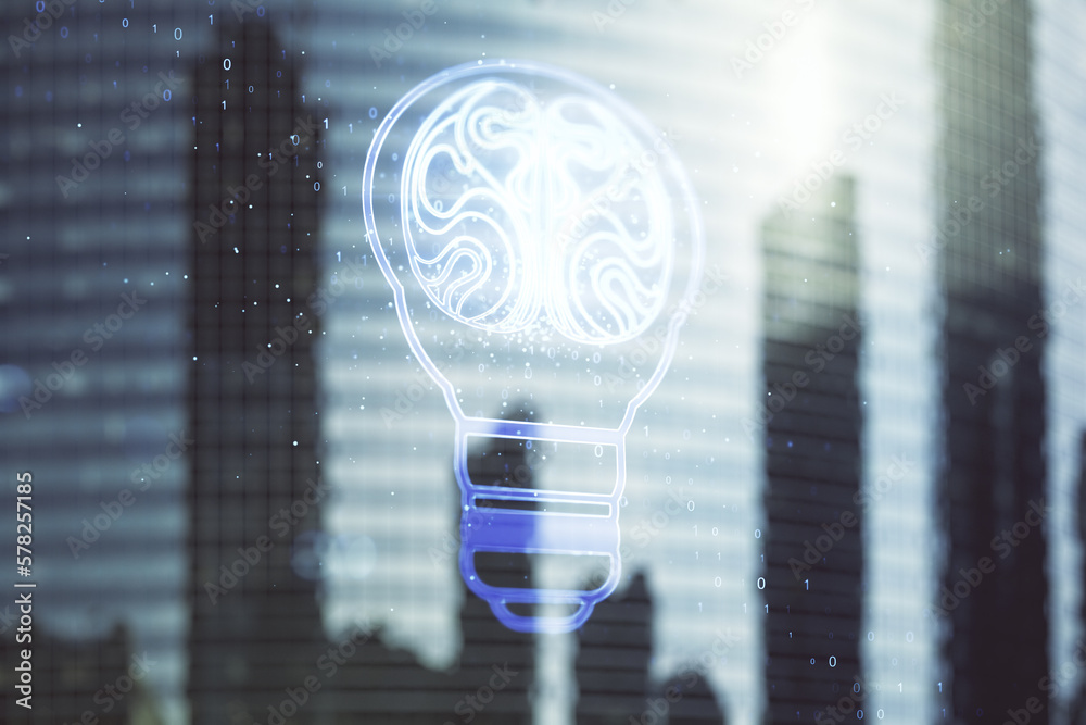 Abstract virtual idea concept with light bulb and human brain ...