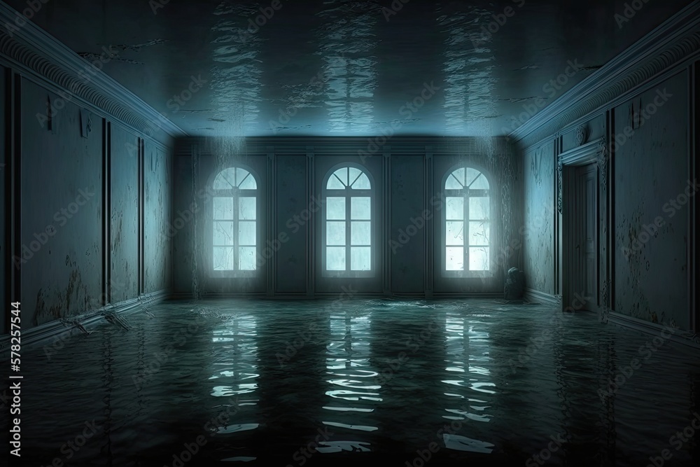 empty dark room with windows for underwater filming in flooded flat ...
