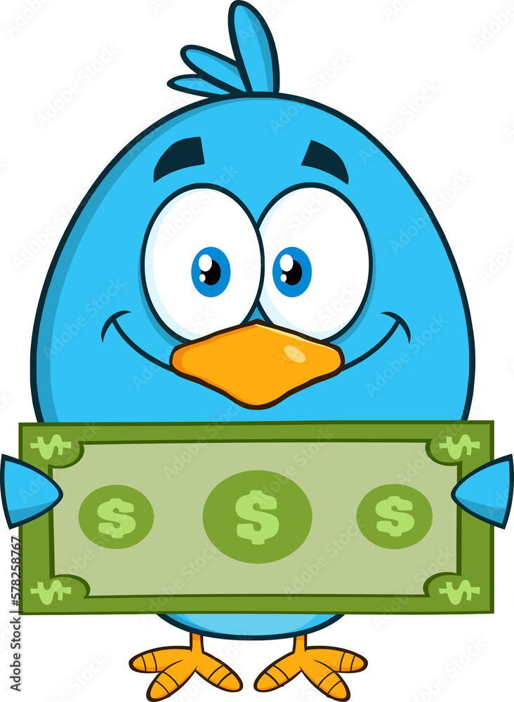 Smiling Blue Bird Cartoon Character Showing A Dollar Bill. Hand Drawn ...