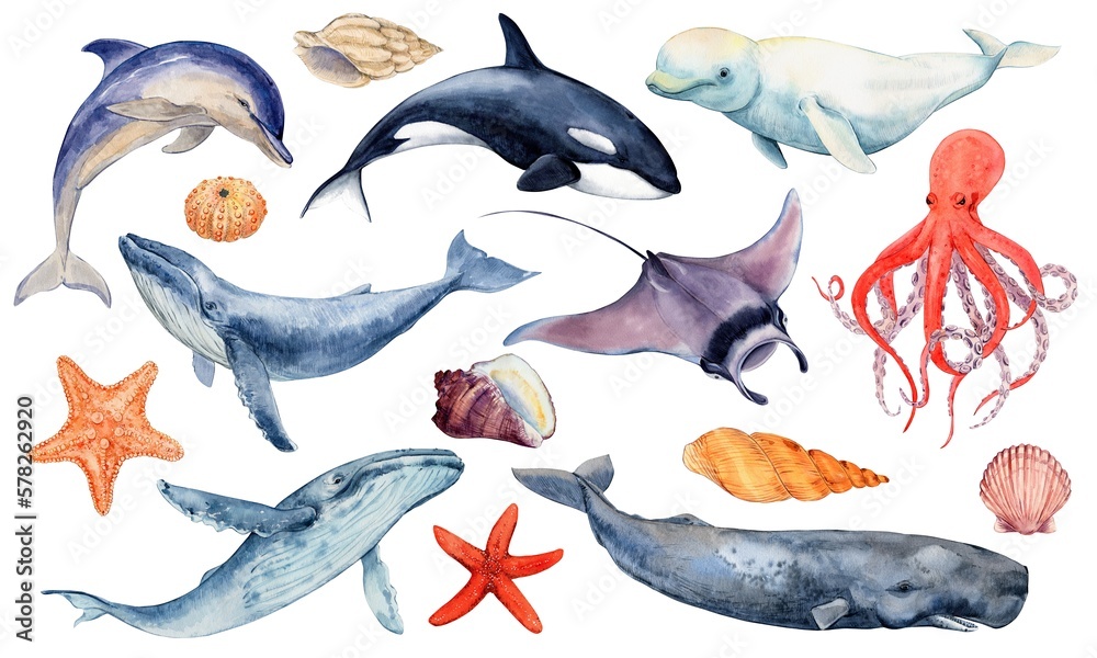 Set of sea animals. Blue watercolor ocean fish, Medusa, whale, seahorse ...