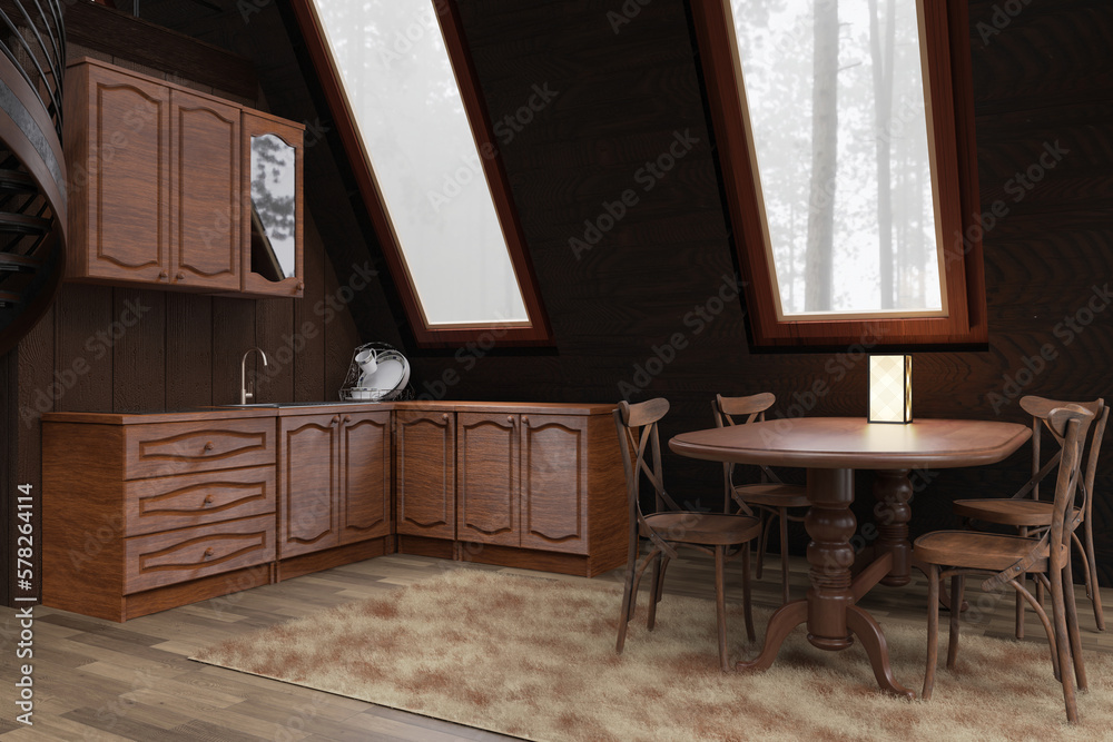 A-frame house interior, triangular house hut, project for construction ...