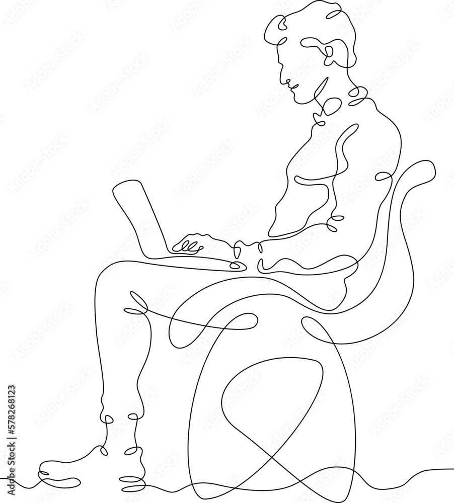 One continuous line.A man sits behind an open laptop. Computer work ...