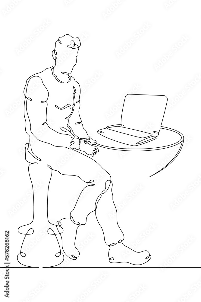 One continuous line.A man sits behind an open laptop. Computer work ...