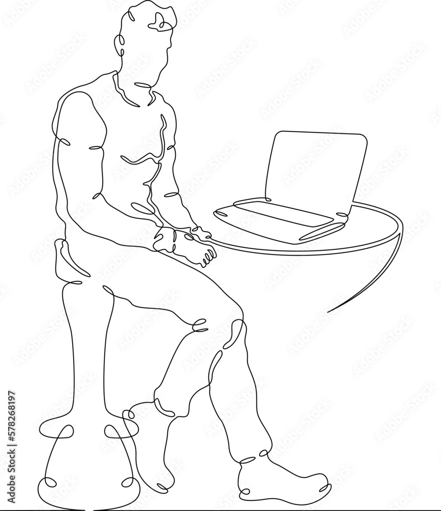 One continuous line.A man sits behind an open laptop. Computer work ...