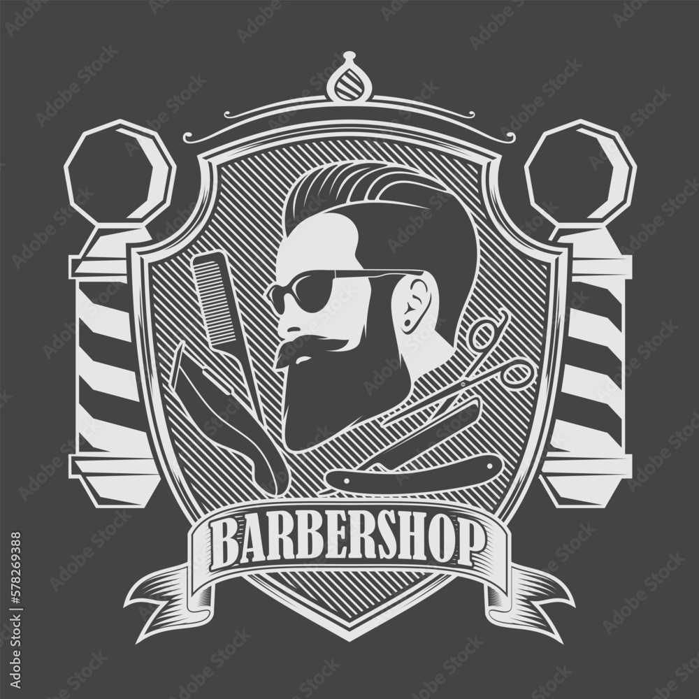 Barbershop logo, poster or banner design concept with barber pole and ...