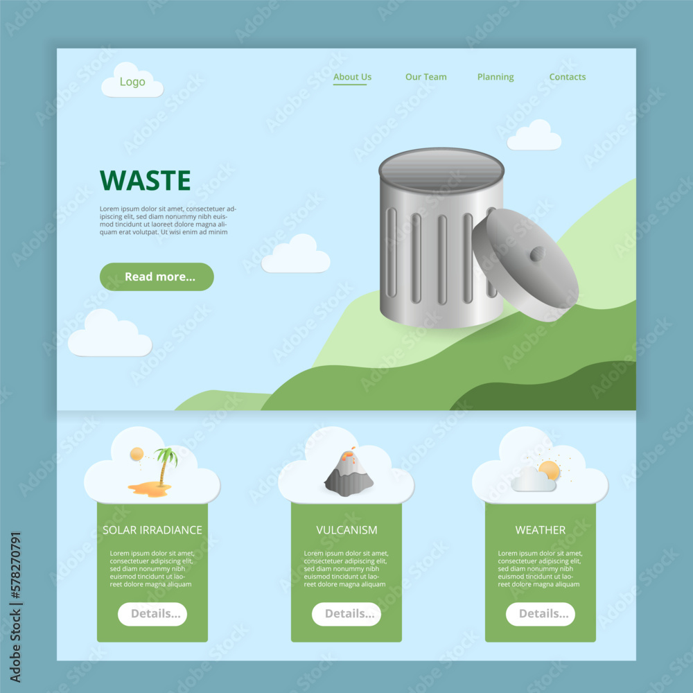 Waste flat landing page website template. Solar irradiance, vulcanism ...