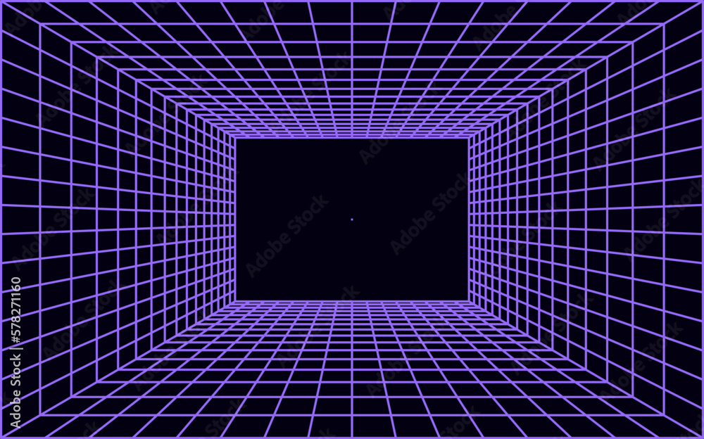 Perspective grid room 3d wireframe background in neon violet color ...