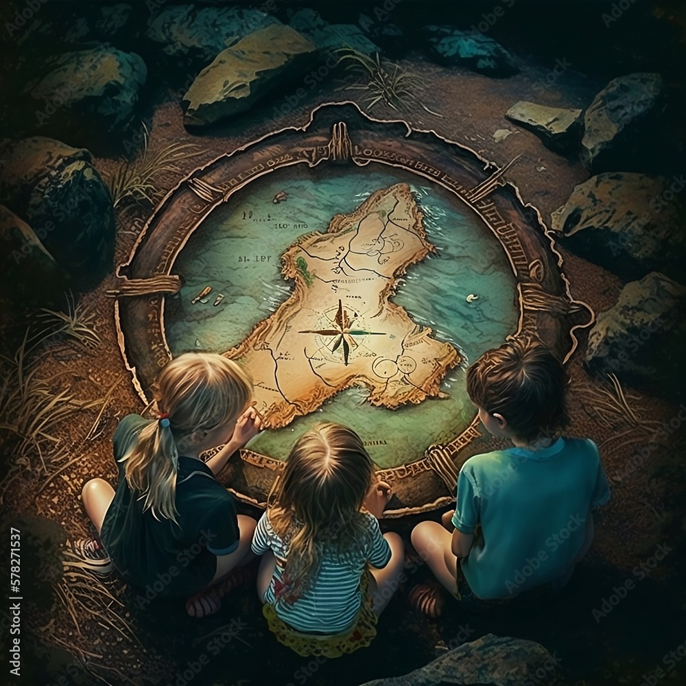 3 children stumbled upon a mysterious map Stock Illustration | Adobe Stock