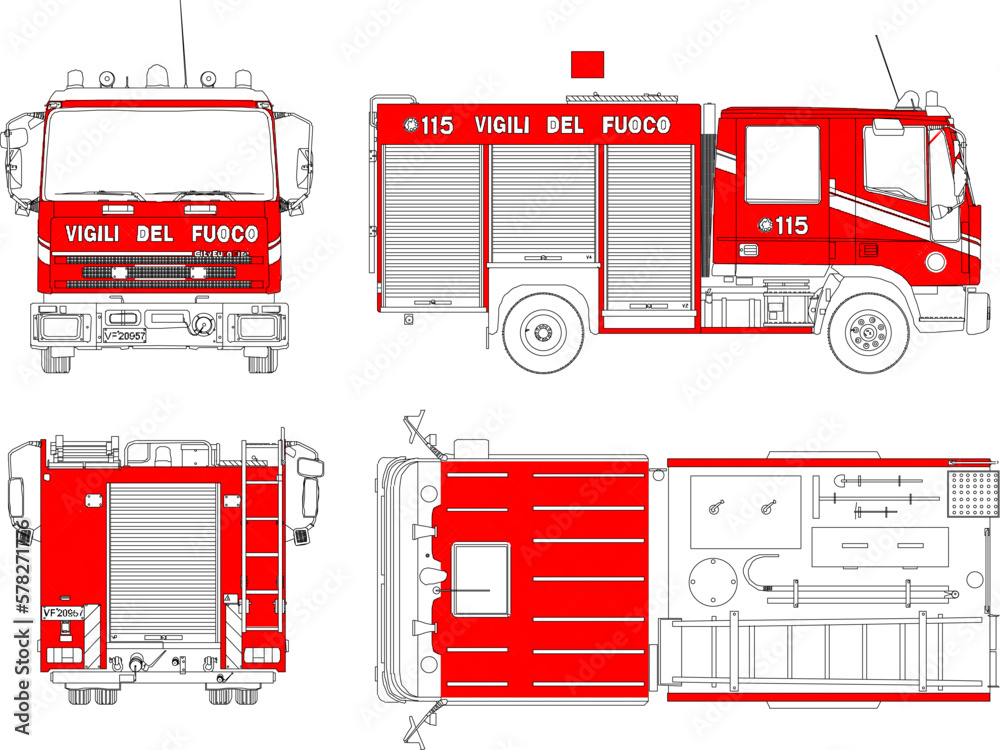 Fire engine detailed sketch vector illustration set Stock Vector ...