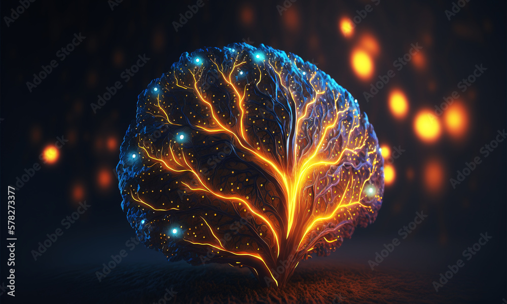 Glowing brain background with neural links network. Illustration representing artificial ...