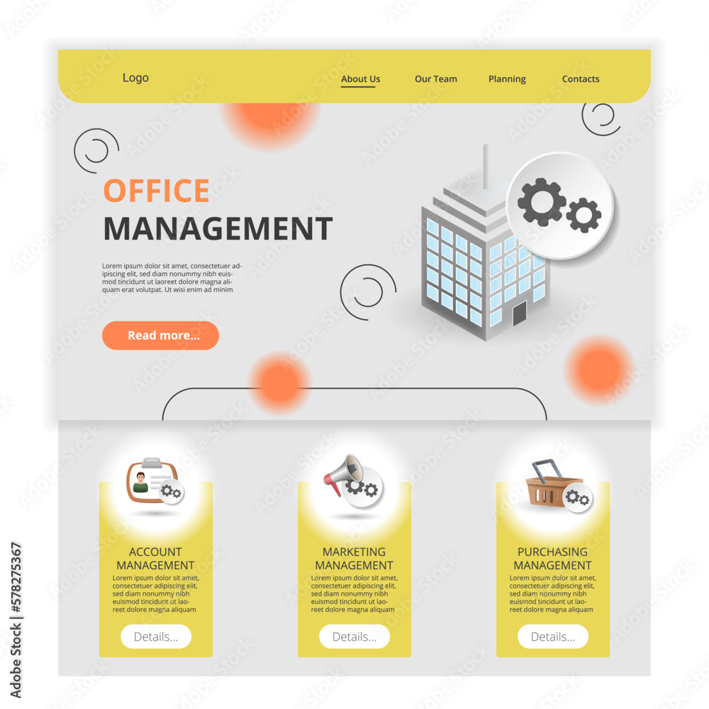 Office management flat landing page website template. Account ...