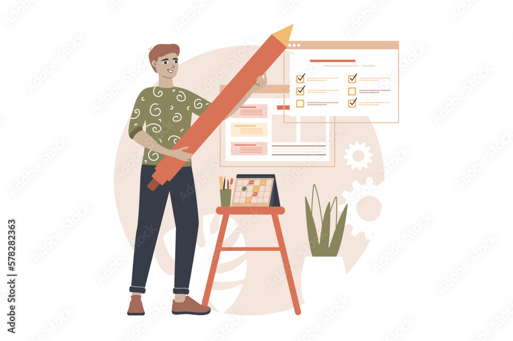 Planning yellow and brown concept with people scene in the flat cartoon ...